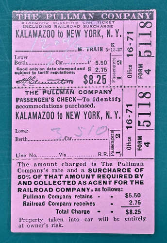 VINTAGE RAILROAD TICKET: 1928 THE PULLMAN CO. - Sleeping Car Ticket ...