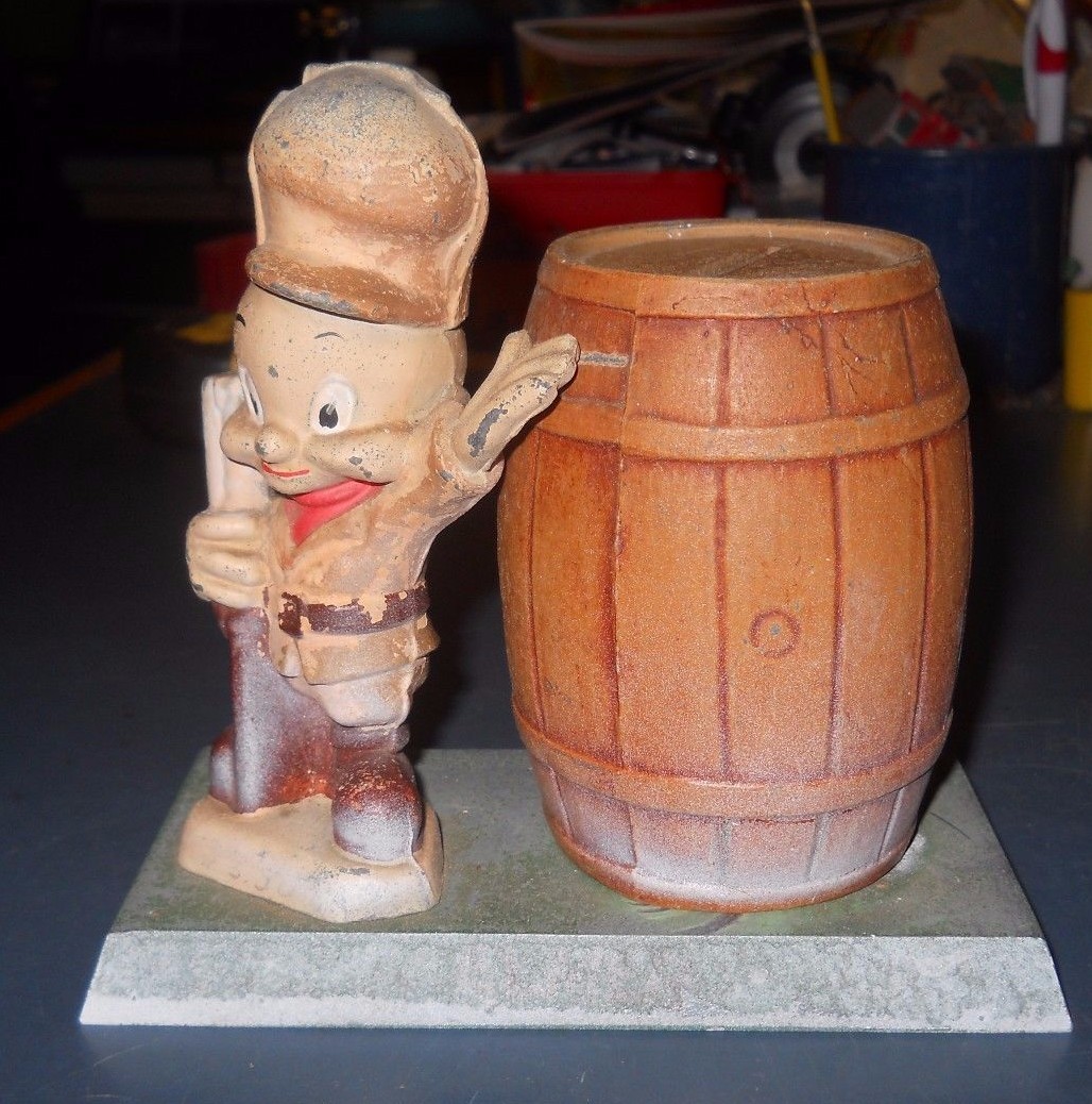 VINTAGE ANTIQUE CAST ALUMINUM ELMER FUDD THE HUNTER BARREL BANK W.B.C ...