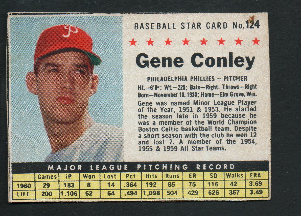 1961 Post Baseball Card #124a Gene Conley-Philadelphia Phillies Poor ...