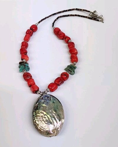Turquoise Red Coral & Abalone Shell Necklace | eBay
