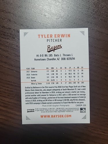 2021 Choice Bowie Baysox - #09 Tyler Erwin (RC) IP Autograph | eBay