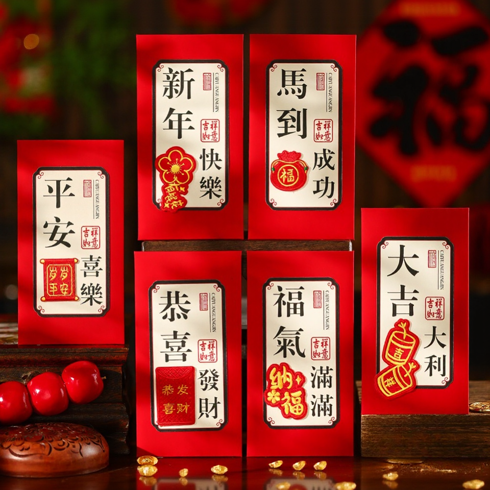 Six Embroidered Red Envelopes 3D Year of the Horse 2026 Lunar ...