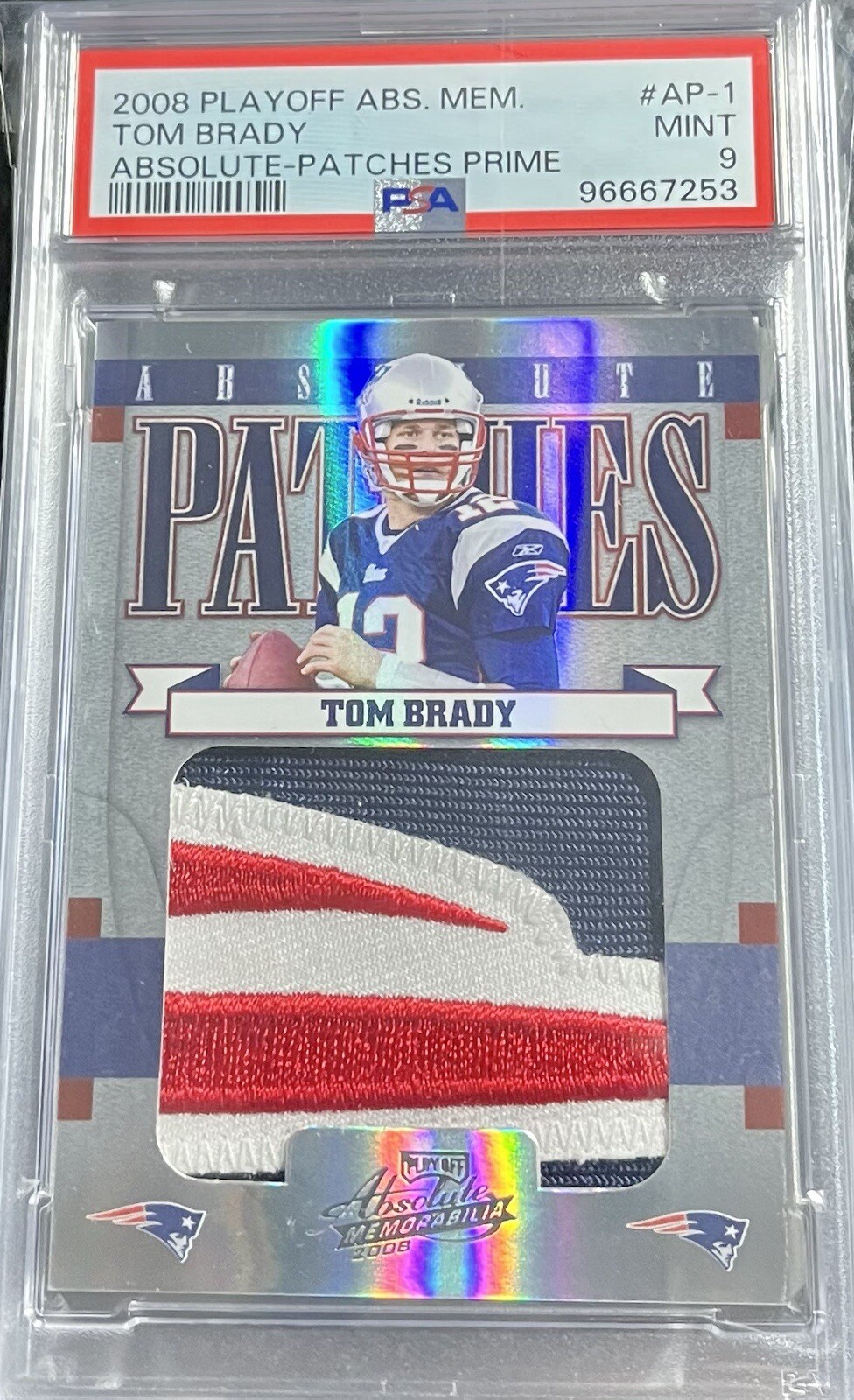 2008 Tom Brady PSA 9 Playoff Absolute 10/25 Jumbo 3-Color Prime Patch # ...