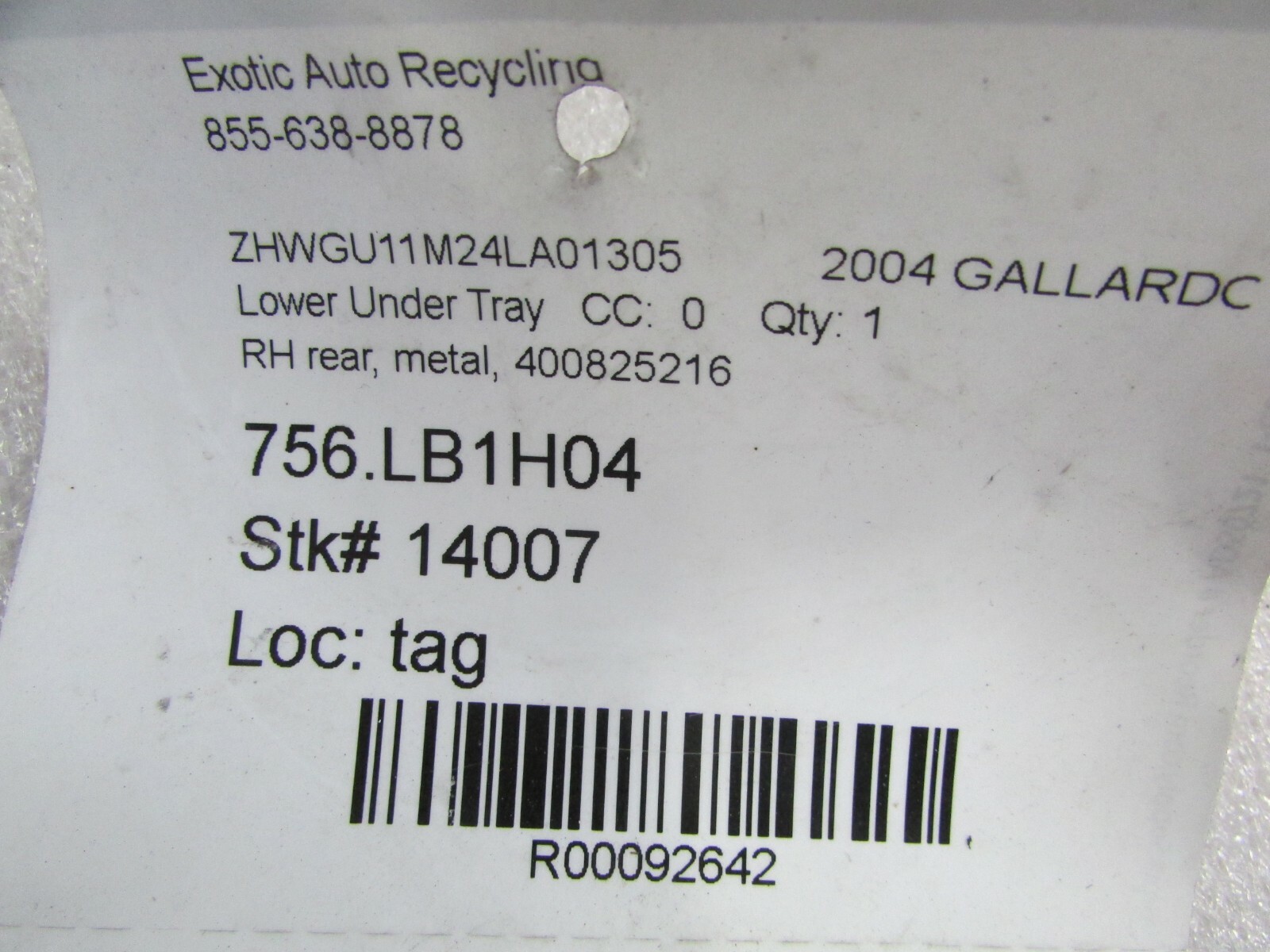 Lamborghini Gallardo, RH Rear Metal Lower Under Tray, Used, P/N ...