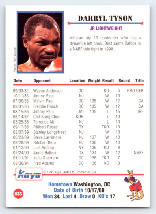 DARRYL TYSON LIGHTWEIGHT BOXER Kayo Boxing Trading Card 1991 B175 | eBay