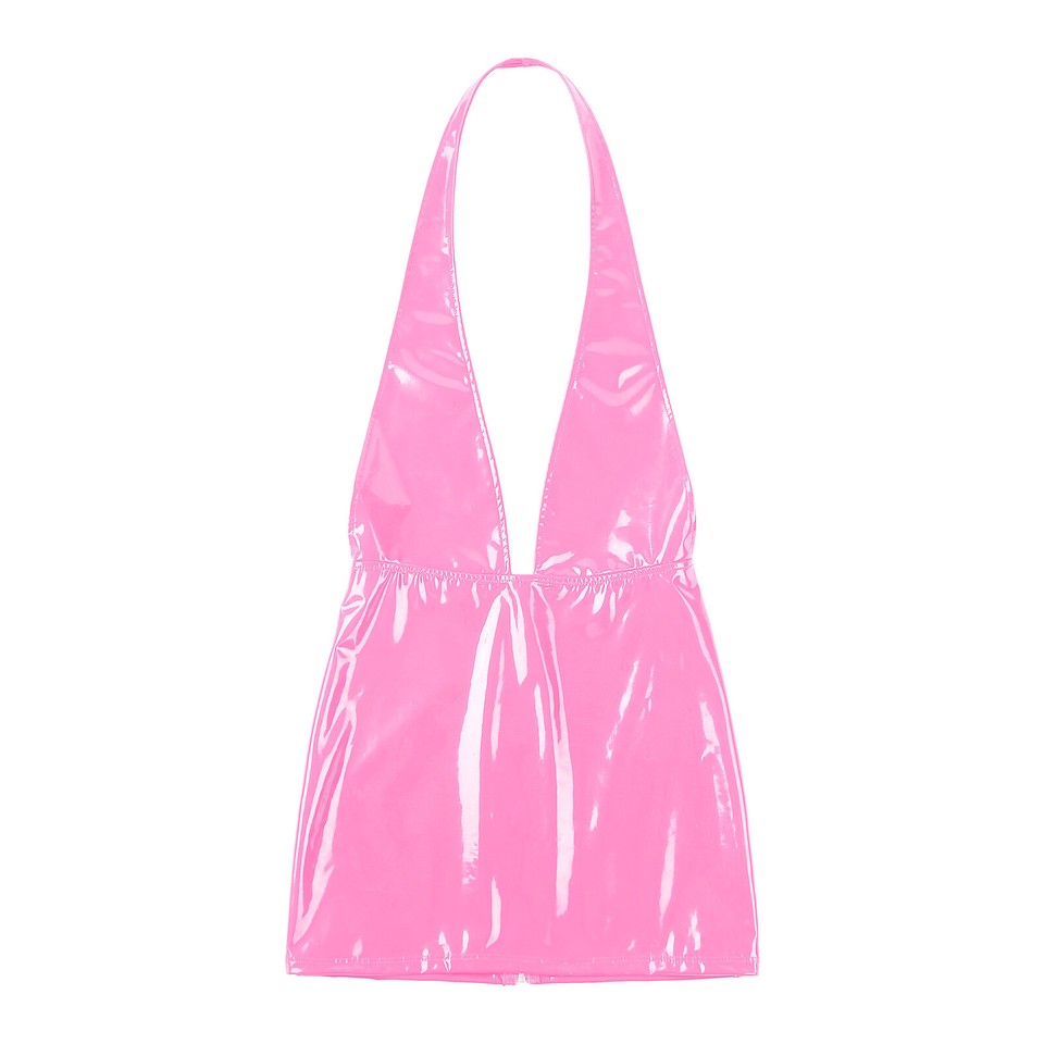 Womens Sexy V Neck PVC Leather Mini Dress Wet Look Bodycon Backless ...