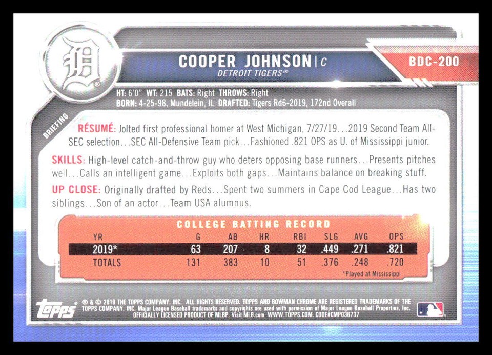 2019 Bowman Chrome Draft Cooper Johnson BDC-200 Detroit Tigers | eBay