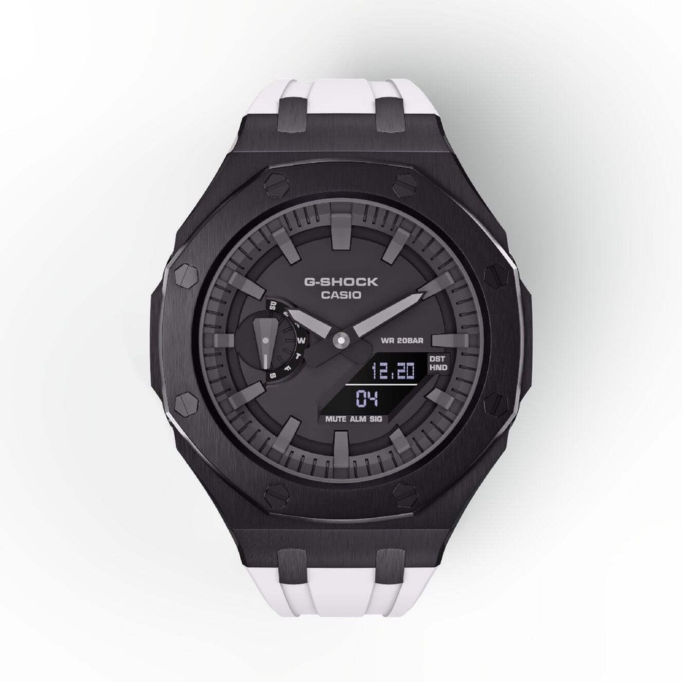 Casioak Custom Modded Metal Watch GA-2100 Mod Black Case White Strap ...