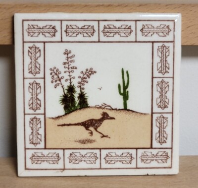 RARE VTG 60's WESTERN TILE DESIGN BISBEE AZ ROADRUNNER CACTUS NATIVE ...