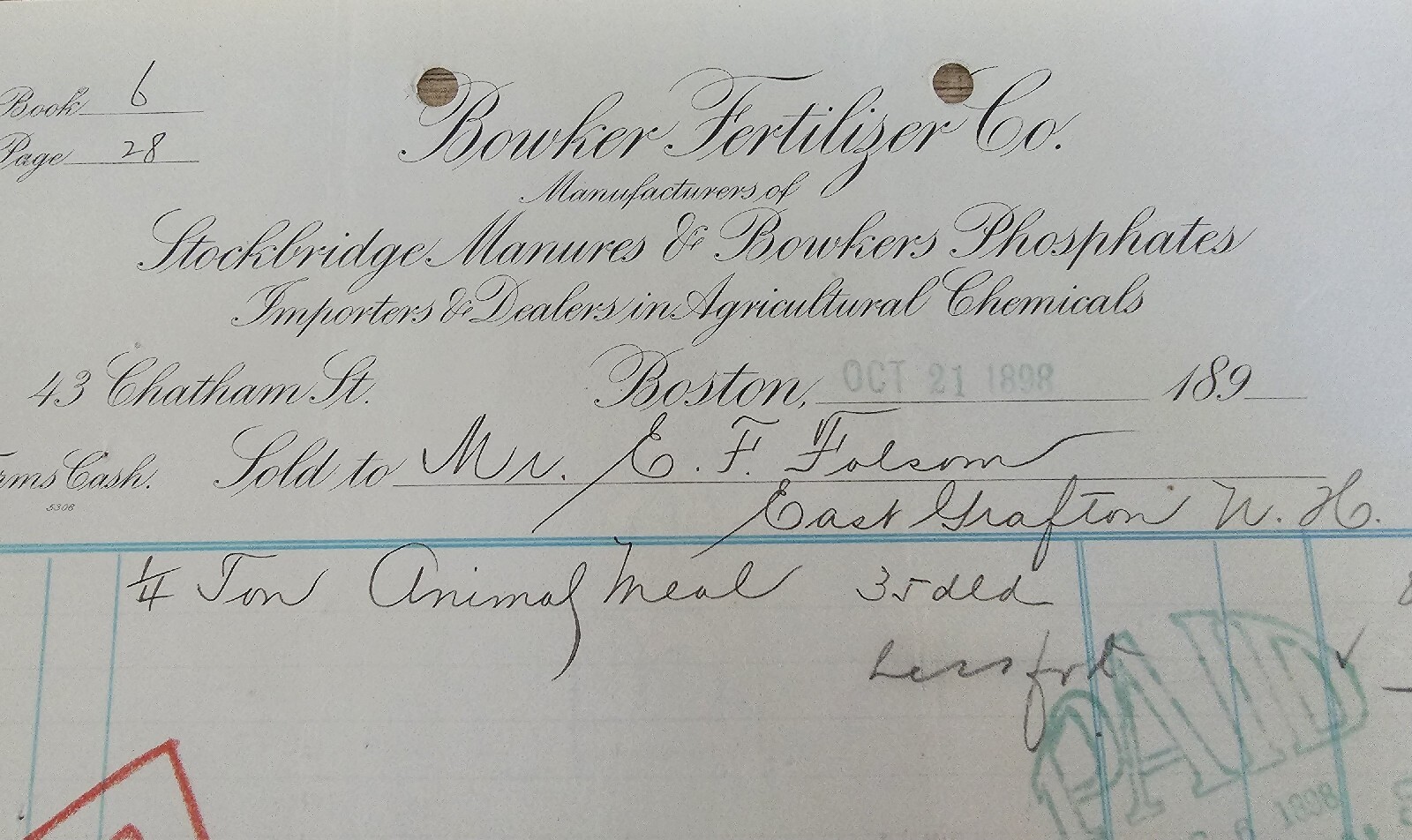 1898 Bowker Fertilizer Co Manures & Phosphates Billhead Receipt Boston ...