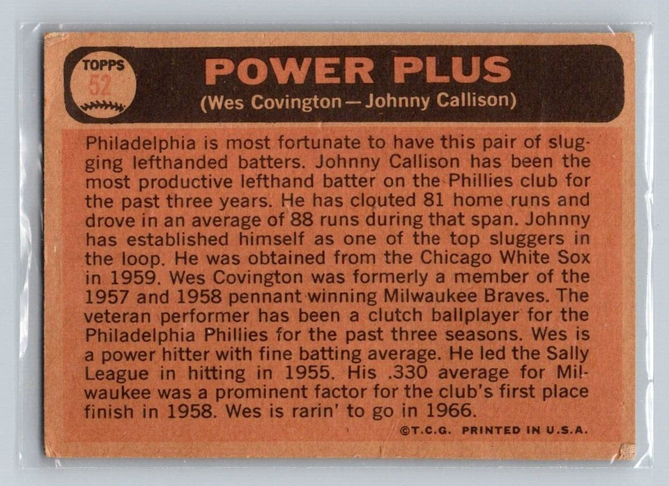 1966 Topps Power Plus #52 Wes Covington & Johnny Callison Phillies ...