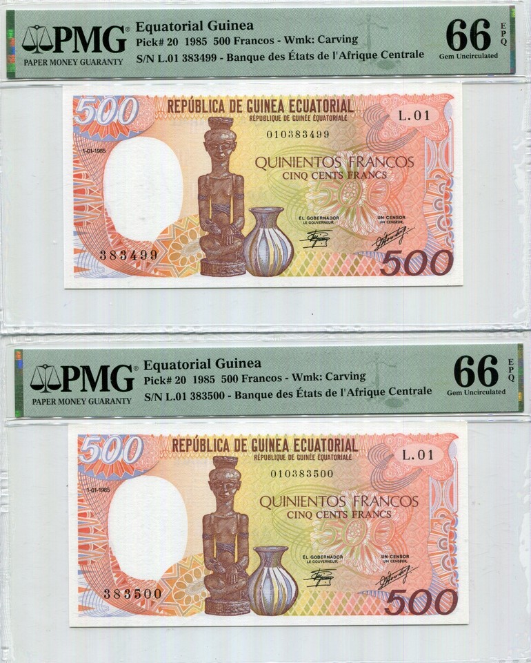 EQUATORIAL GUINEA TWO CONSECUTIVE 500 FRANCOS 1985 PMG 66 EPQ P-20 | eBay