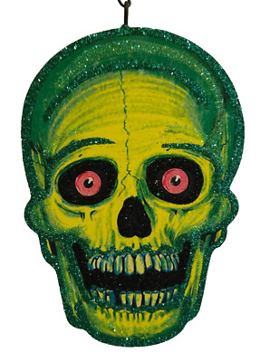 GREEN SKELETON FACE, SKULL * Glitter HALLOWEEN ORNAMENT * Vtg Img | eBay