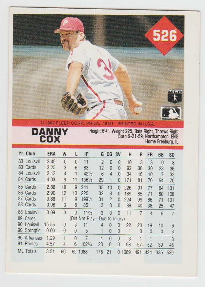 DANNY COX - 1992 FLEER # 526 - PHILADELPHIA PHILLIES - UNGRADED | eBay