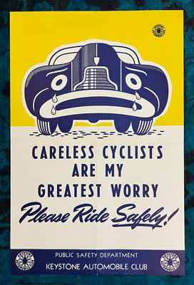Original Safety Poster Keystone Automobile Car Club Careless Bicycle ...