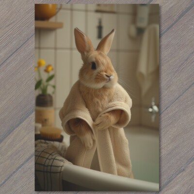 POSTCARD Bunny Rabbit Robe In Bath Bathrobe Bathroom Cute Shower Clean ...