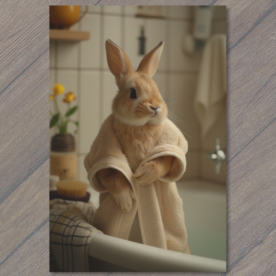 8.5x11" Bunny Rabbit Robe In Bath Bathrobe Bathroom Cute Shower Clean ...