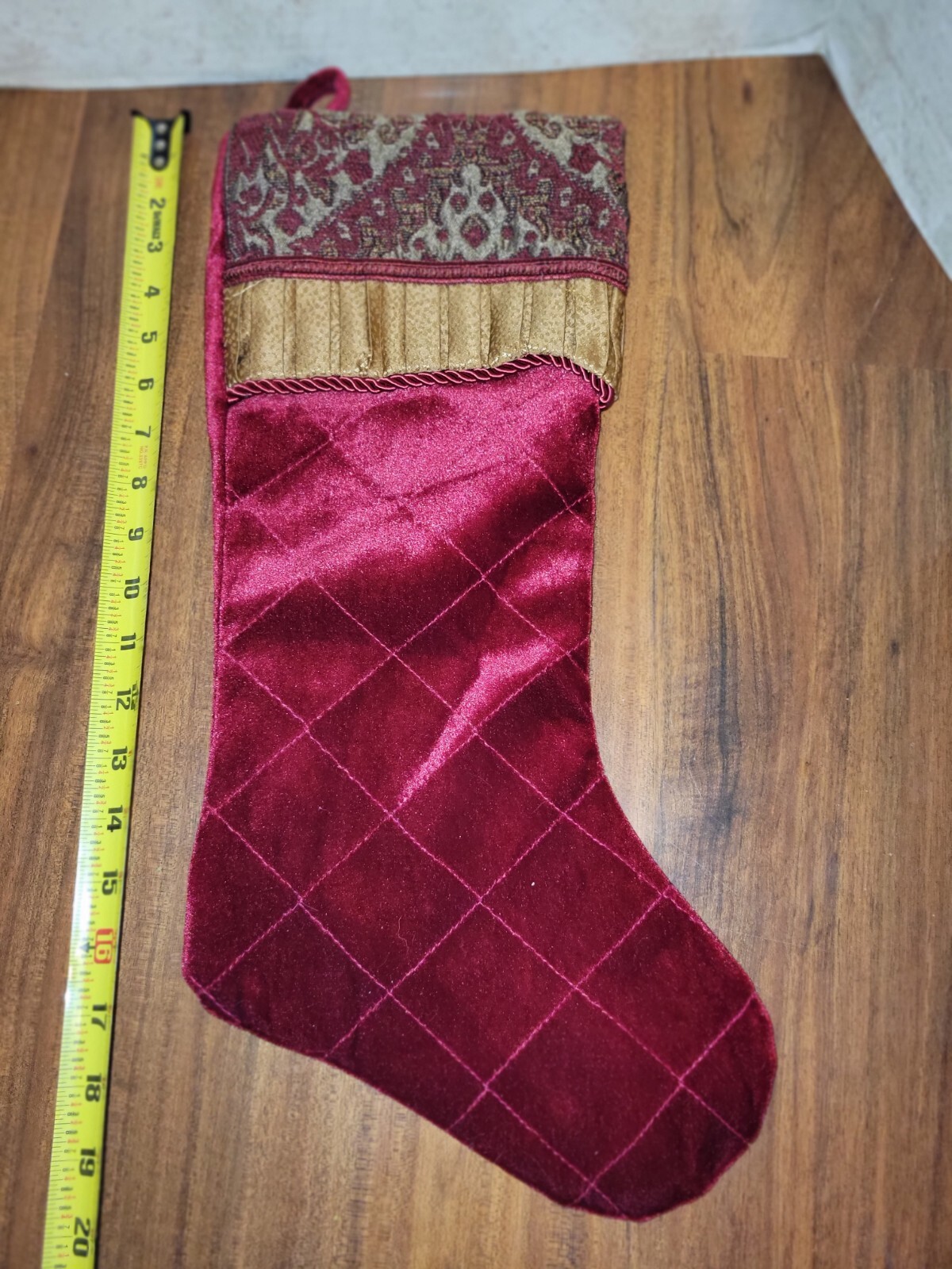 Velvet Quilted Burgundy Red Christmas Stocking Gold Trim Jacquard ...