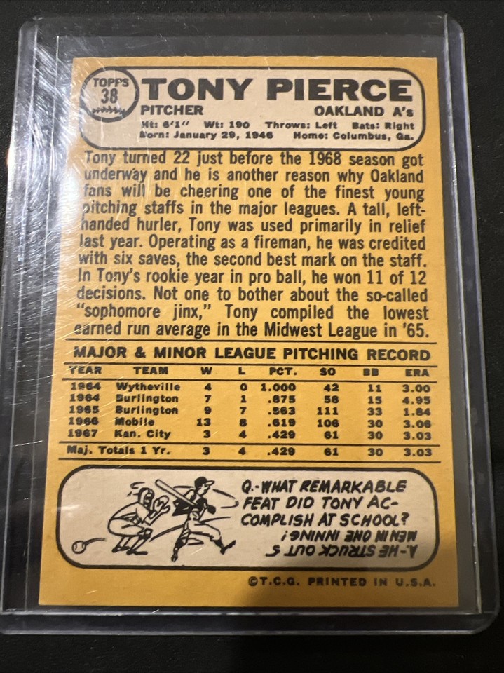 1968 Topps Baseball Card #38 Tony Pierce - Low To Mid Grade - G/VG! | eBay