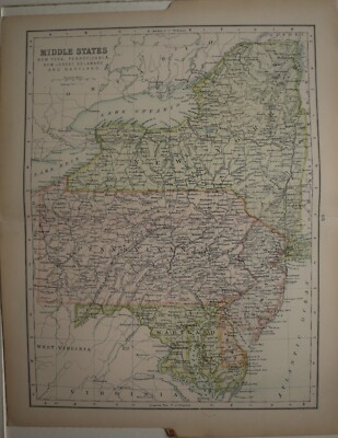 1871 ANTIQUE MAP UNITED STATES MIDDLE STATES NEW YORK PENNSYLVANIA ...