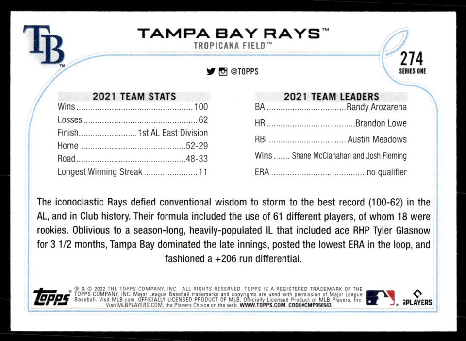 2022 Topps Baseball Card Tampa Bay Rays Tampa Bay Rays #274 | eBay