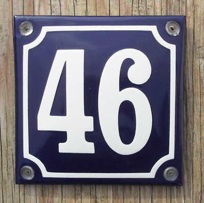HOUSE NUMBER 46 FRENCH ENAMEL SIGN. WHITE No.46 ON A BLUE BACKGROUND ...
