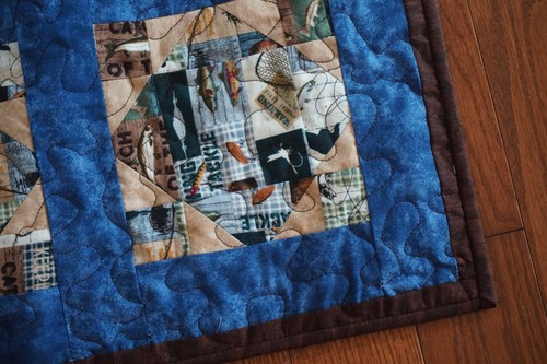Homemade For The Love Of Fishing Patchwork crib lap Quilt " Blue | eBay