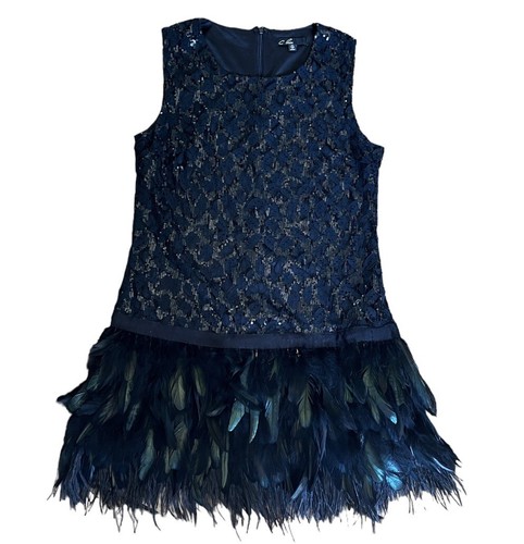 C Luce Dress Black Lace Sequin Feather Trim Sleeveless Cocktail Party ...