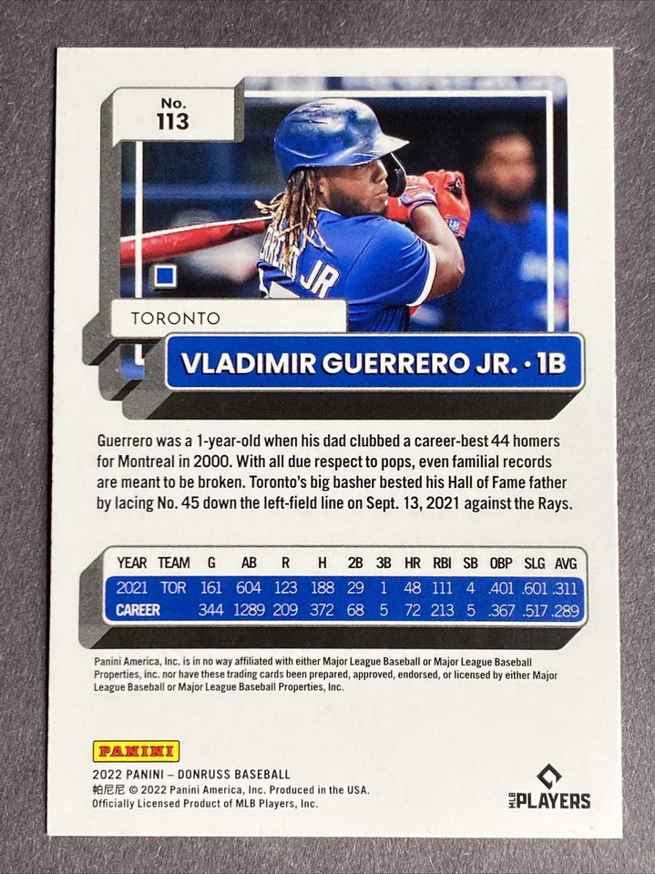 2022 Panini Donruss Holo Blue #113 Vladimir Guerrero Jr. Toronto Blue ...