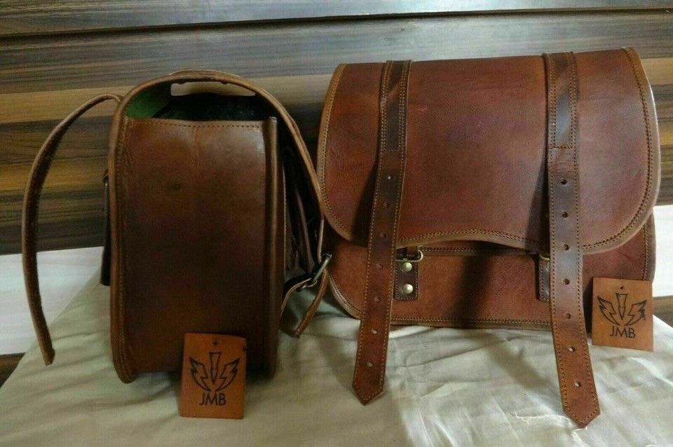 1 Pair Genuine Brown Leather Saddle Bag Motorcycle 2 Side Bag Panniers ...