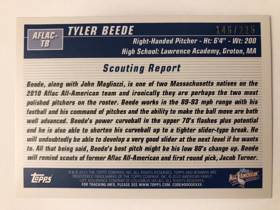 Tyler Beede AFLAC Auto #146/225 2011 Bowman Draft Baseball All American ...