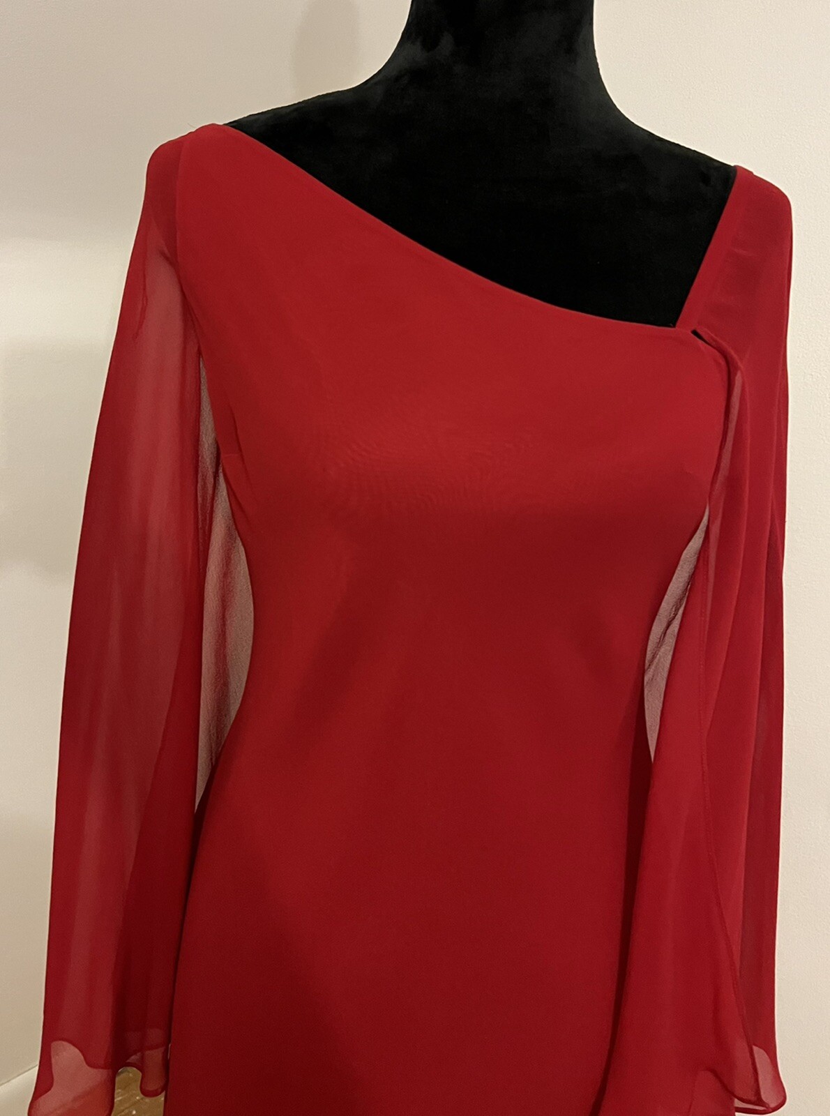 Maggy London Red Fitted Dress with Chiffon Sleeves. S… - Gem