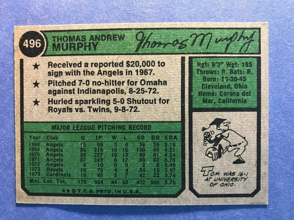 SIGNED TOM MURPHY AUTOGRAPHED 1974 TOPPS BASEBALL CARD - CARDINALS | eBay