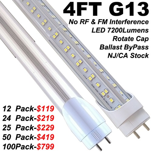 25x 4FT G13 Bi Pin Led Tube Light Bulbs 72W T8 T12 4Foot Led Shop Light ...