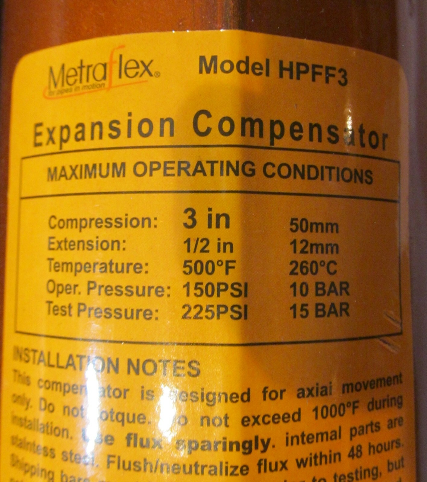 METRAFLEX HPFF3 EXPANSION COMPENSATOR 3" COMPRESSION EXTENSION AXIAL ...