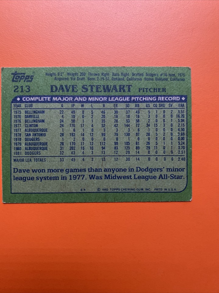 1982 Topps RC Dave Stewart Los Angeles Dodgers #213 VG | eBay