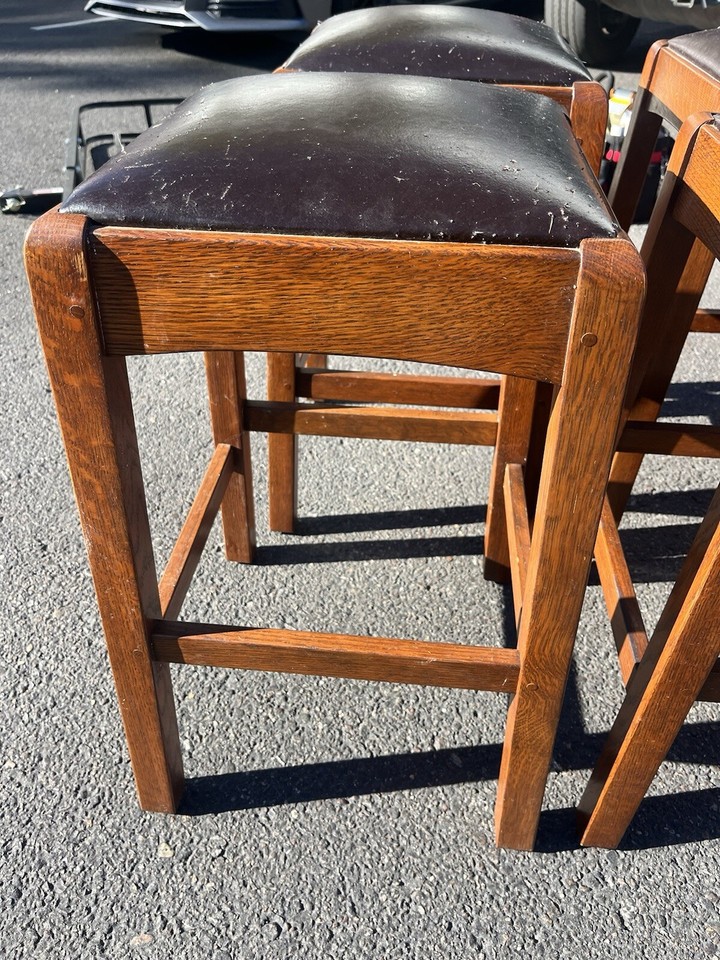 stickley Mission Collection 4 Oak Stool Set Of Leather Backless Stools ...
