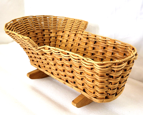 Vintage Handcrafted Wicker Wood Baby Doll Cradle Crib Bassinet Basket ...