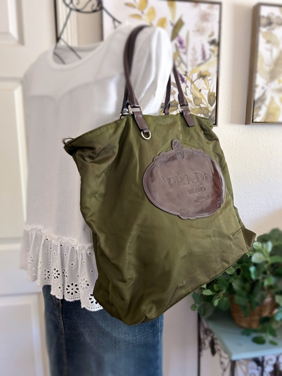 PRADA Military Olive Green Nylon Brown Leather Canapa Logo PRADA Military Olive Green Nylon Brown Leather Canapa Logo