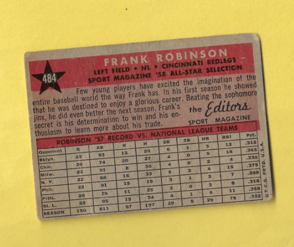 1958 Topps Frank Robinson NL ALL STAR #484 Cincinnati Reds VG- FREE ...