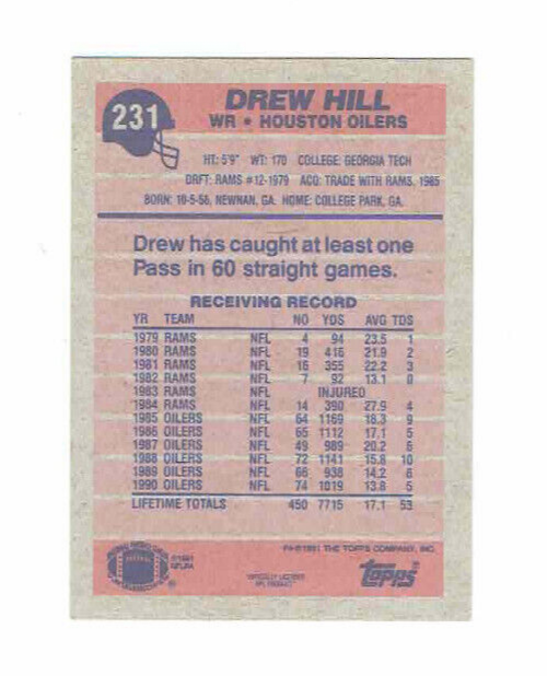 Drew Hill Houston Oilers WR #231 Topps 1991 Football Card | eBay