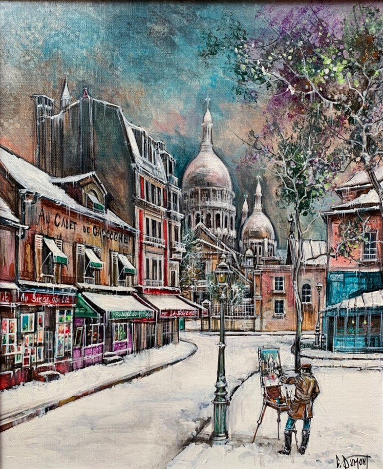 Vintage Painting Paris Snow Montmartre Place Du Tertre Self-Portrait CL ...