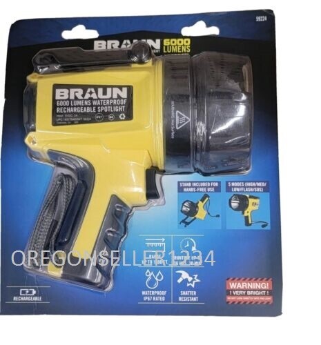NEW BRAUN 6000 Lumen Rechargeable Waterpoof LED Spotlight W/Belt Clip ...