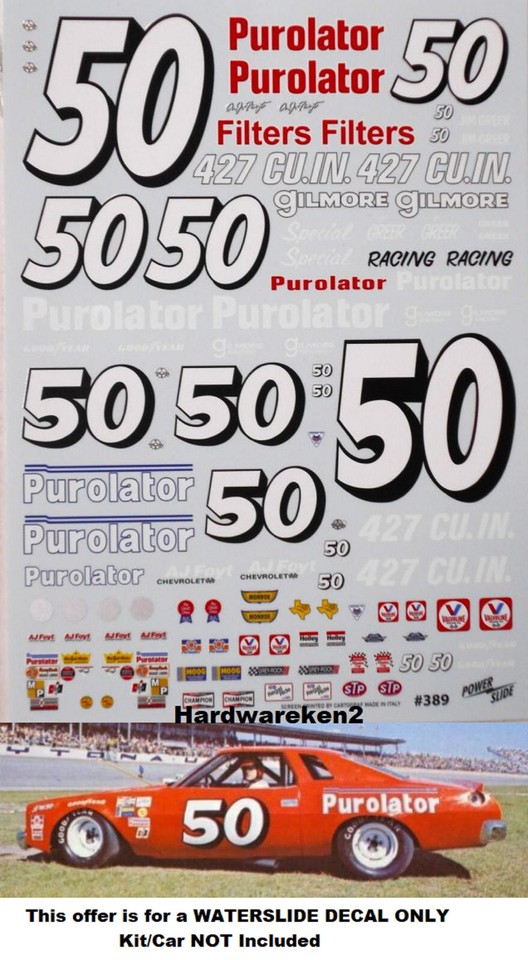 NASCAR DECAL #50 PUROLATOR / GILMORE RACING 1973-1974 GOLD CHEVELLE AJ ...