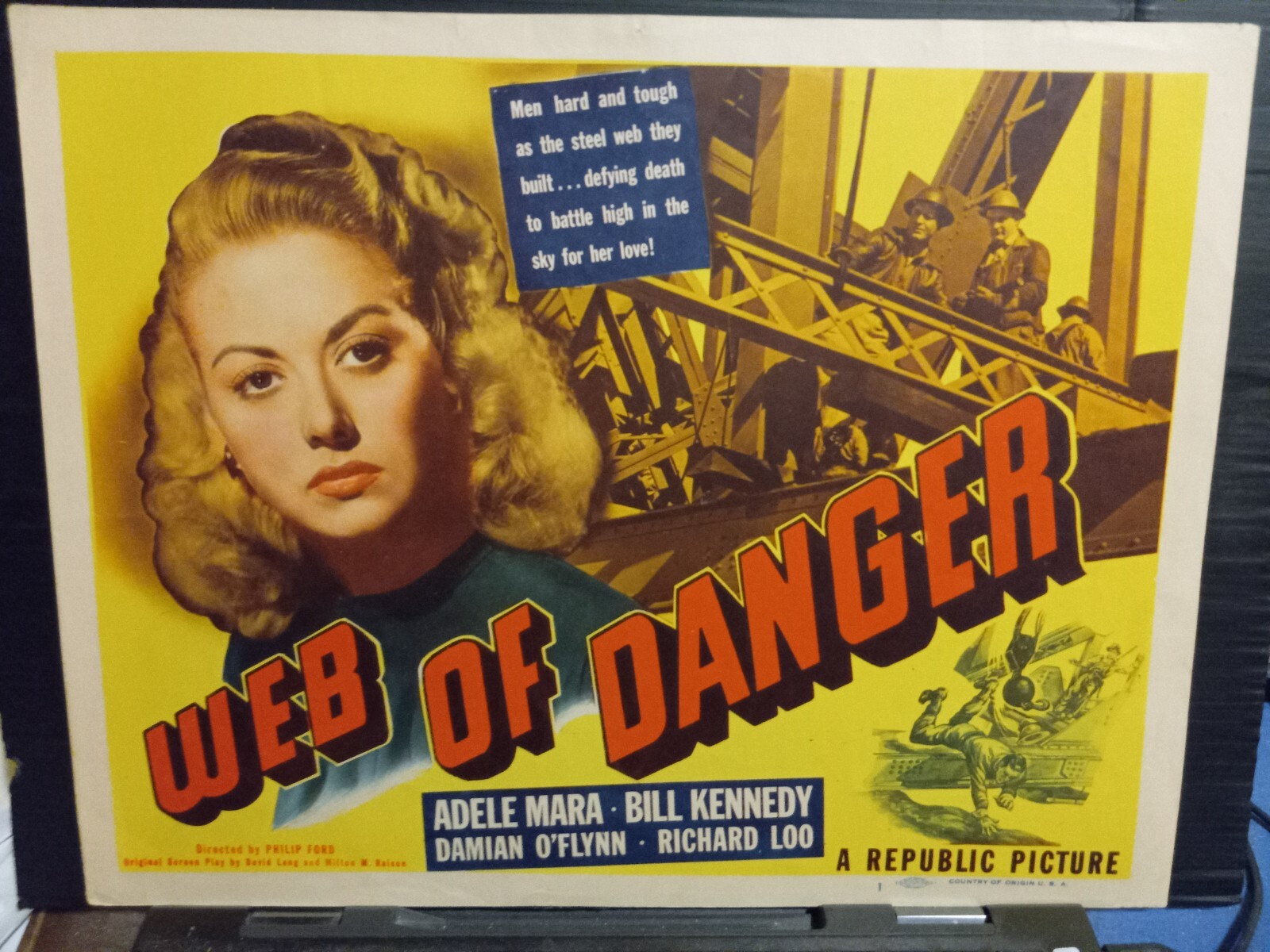 Title Card 1947 WEB OF DANGER gorgeous femme fatale Adele Mara bridge ...