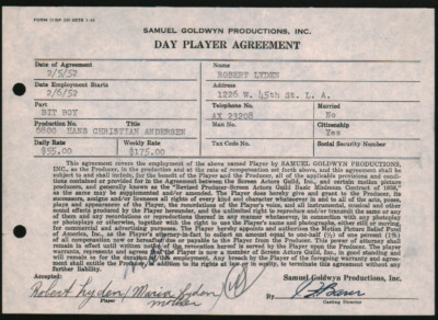 HANS CHRISTIAN ANDERSEN / Robert Lyden 1952 signed contract for role of ...