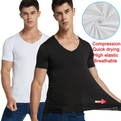 Stretch Mens V-neck Compression T-Shirt Short Sleeve Tops Athletic ...