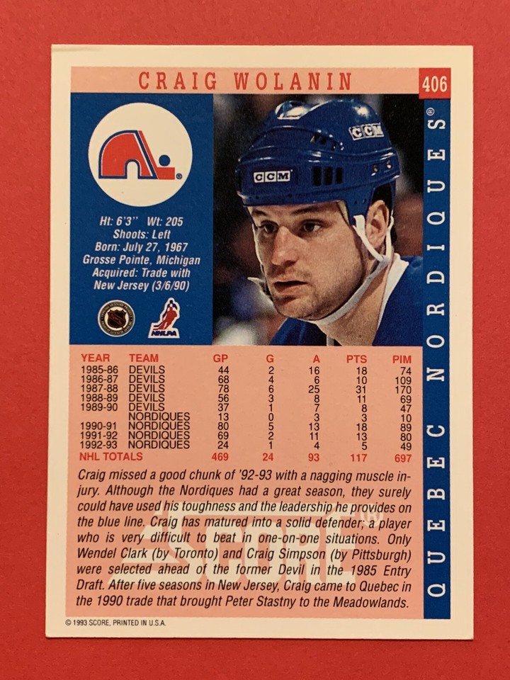 CRAIG WOLANIN Signed 1993-94 Score #406 NJ Devils Nordiques Leafs ...