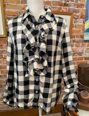 Isaac Mizrahi Black Buffalo Check Ruffle Front Blouse S New | eBay
