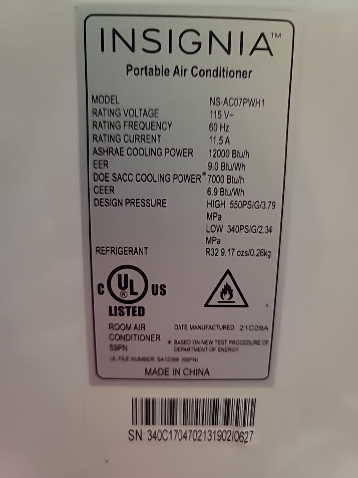 Insignia NS-AC07PWH1 Portable Air Conditioner-Less Than 5 Hours Used ...